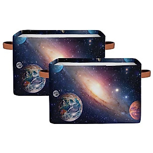 Universe Large Storage Bin Collapsible Storage Basket with Handles,Galaxy Nebula Space Laundry Basket Hamper Organizer Foldable Storage Box for Toys Bedroom Kids Room Nursery Dorm Set of 2