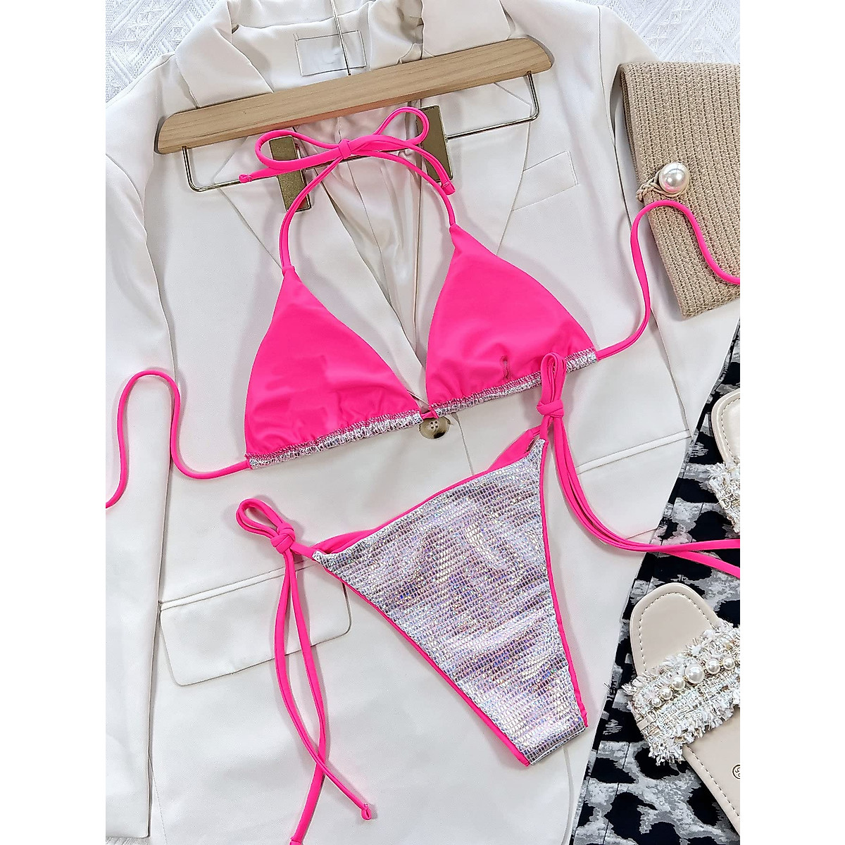 SOLY HUX Women's Sexy Metallic 2 Piece Swimsuit Halter Triangle Tie Side Bikini Set Bathing Suits Silver M