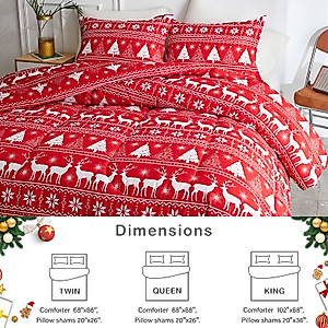 Flysheep Christmas Comforter Set 3 Pieces Twin Size 68x88 inches, Red White Snowflake and Deers Trees Reversible Design, Soft Microfiber Lightweight Bedding Sets for Kids