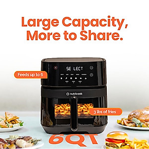 Nutricook Air Fryer 3 Vision, 6qt Large Airfryer, 12 Preset Functions, Air Fry, Roast, Bake, Dehydrate, Reheat and More, Quiet, Non-Stick, Easy to Clean, Black