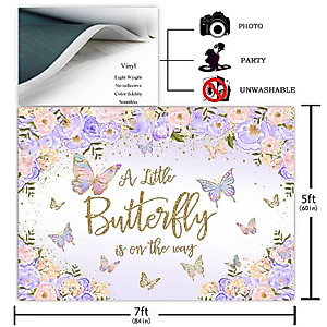 Avezano Butterfly Baby Shower Backdrop for Girl's Purple Floral Pastel Butterflies Baby Shower Background Pink Lilac Purple Gold Butterfly Kisses and Baby Wishes Sprinkle Party Decorations (7x5ft)