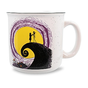 Disney The Nightmare Before Christmas Jack and Sally Spiral Hill 20-Ounce Ceramic Camper Mug | BPA-Free Travel Coffee Cup For Espresso, Caffeine, Cocoa, | Home & Kitchen Essentials | Halloween Gifts