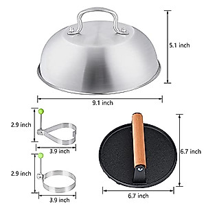 NEWANOVI Griddle Accessories Kit, 9 Inch Stainless Steel Basting Cover Burger Cover, 7 Inch Heavy Duty Cast Iron Round Grill Press and 2 Egg Rings, Perfect for Flat Top Hibachi Grill, Outdoor BBQ