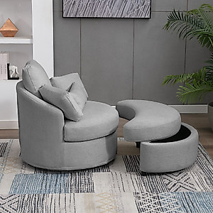 BALUS Modern Swivel Accent Barrel Sofa Chair, with Half Moon Storage Ottoman, Linen Fabric Leisure Round Chair,Sofa Lounge Chair with 3 Throw Pillow for Living Room Hotel/Club (Light Grey)