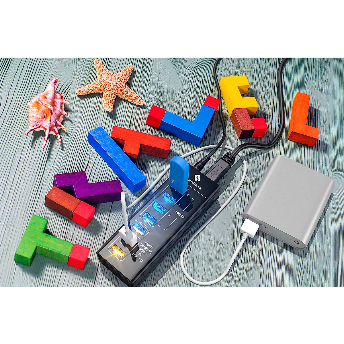 SmartDelux Powered USB Hub - USB 3.0 Ports Hub with 3 Smart Charging Ports, Power Adapter, Long Cord, LEDs (7-Port USB Hub)