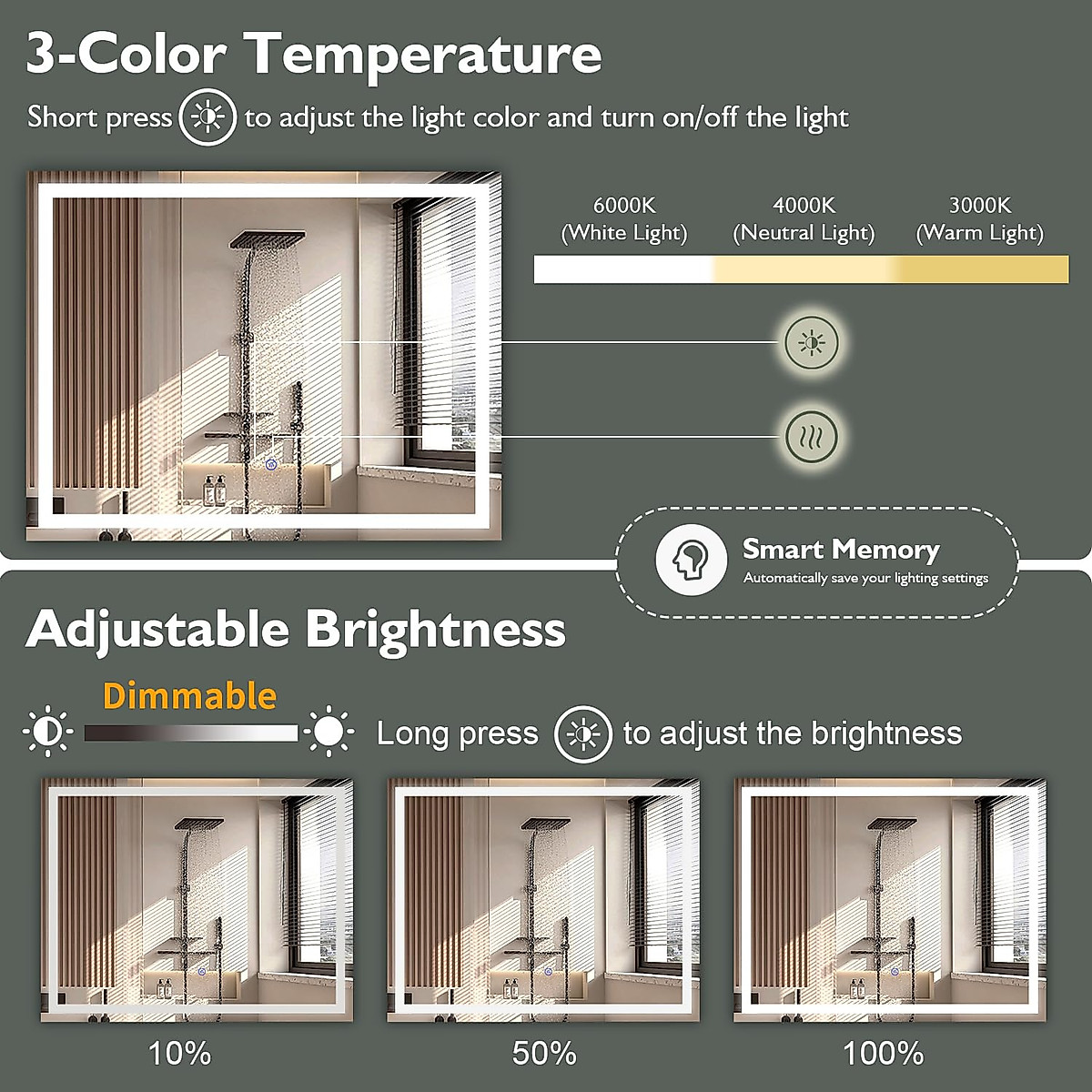 Salfanre 20x28 Led Bathroom Mirror with Lights and Black Aluminum Frame, Led Mirror for Bathroom Wall Mounted, Smart Led Vanity Mirror, Dimmable, Anti-Fog, Shatter-Proof(Horizontal/Vertical)
