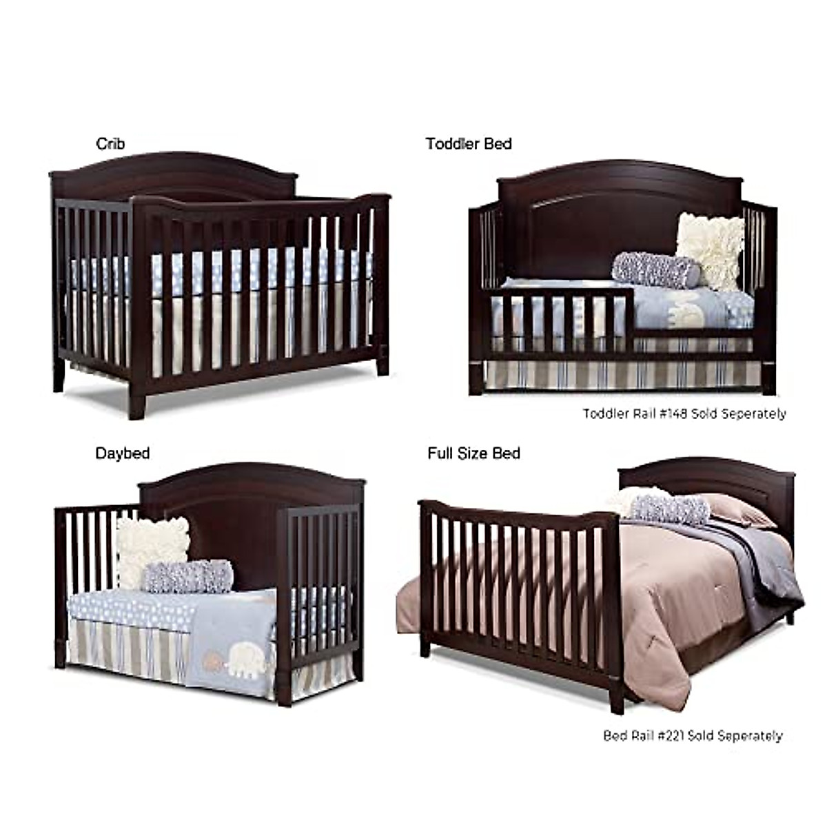 SORELLE FURNITURE Berkley Round Top Crib, Classic 4-in-1 Convertible Crib, Made of Wood, Non-Toxic Finish, Wooden Baby Bed, Toddler Bed, Child’s Daybed and Full-Size Bed, Nursery Furniture-Espresso