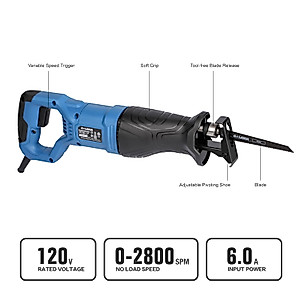 G LAXIA Reciprocating Saw, 6Amp 2800RPM Variable Speed Reciprocating Saw with 4/5"(20mm) Stroke Length, 3Pcs Blades for Wood, Soft Metal, PVC Pipe Cutting