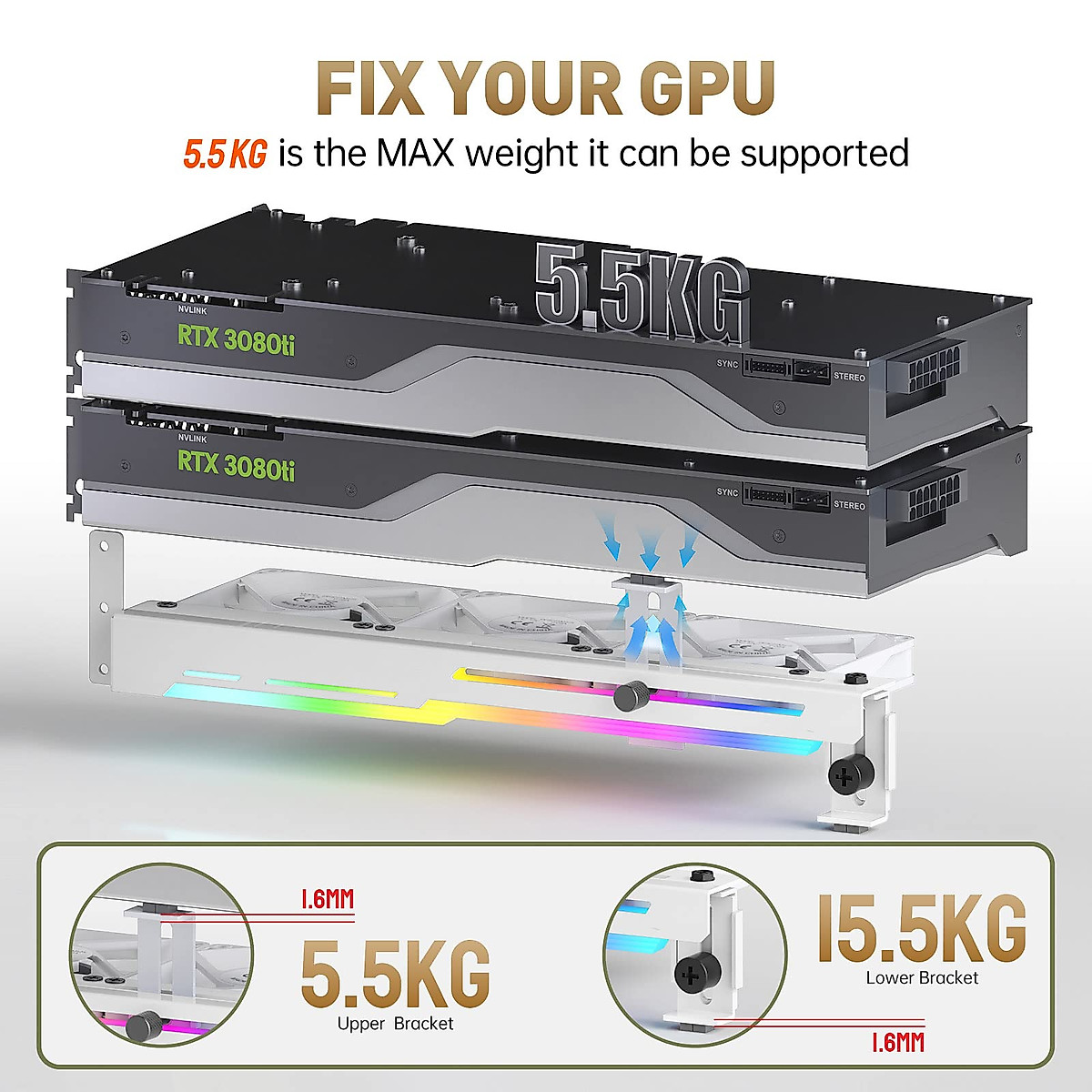 AsiaHorse Graphics Card Cooler with ARGB 5V 3Pin LED and Three 80mm Fans, RGB LED Graphics Card Holder, GPU Cooler Easy Installation-White