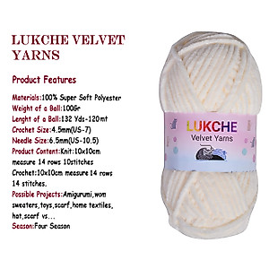Lukche Super Soft Velvet Chenille Blanket Amigurumi Crochet Baby Blanket Knitting Yarn Super Bulky 3x100 gr (3x132 yds) Including Foldable Scissors (10002-Cream)