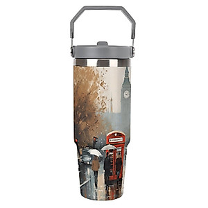 London Impression 30oz Stainless Steel Insulated Tumbler with Straw & Foldable Handle - Leakproof, Double-Wall Vacuum Travel Thermos for Hot/Cold Drinks, Non-Slip Base, Fit Cup Holders