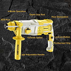 DOCLERY 1-1/4 Inch SDS-Plus Rotary Hammer Drill,7.5AMP,One Knob 4 Functions with Speed Adjustment, 5 SDS-Plus Bits