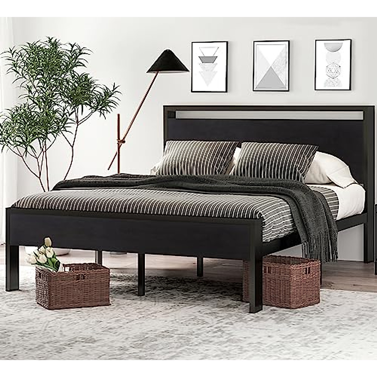 SHA CERLIN 14 Inch Queen Size Metal Platform Bed Frame with Wooden Headboard and Footboard, Mattress Foundation, No Box Spring Needed, Large Under Bed Storage, Without Noise, Black Oak
