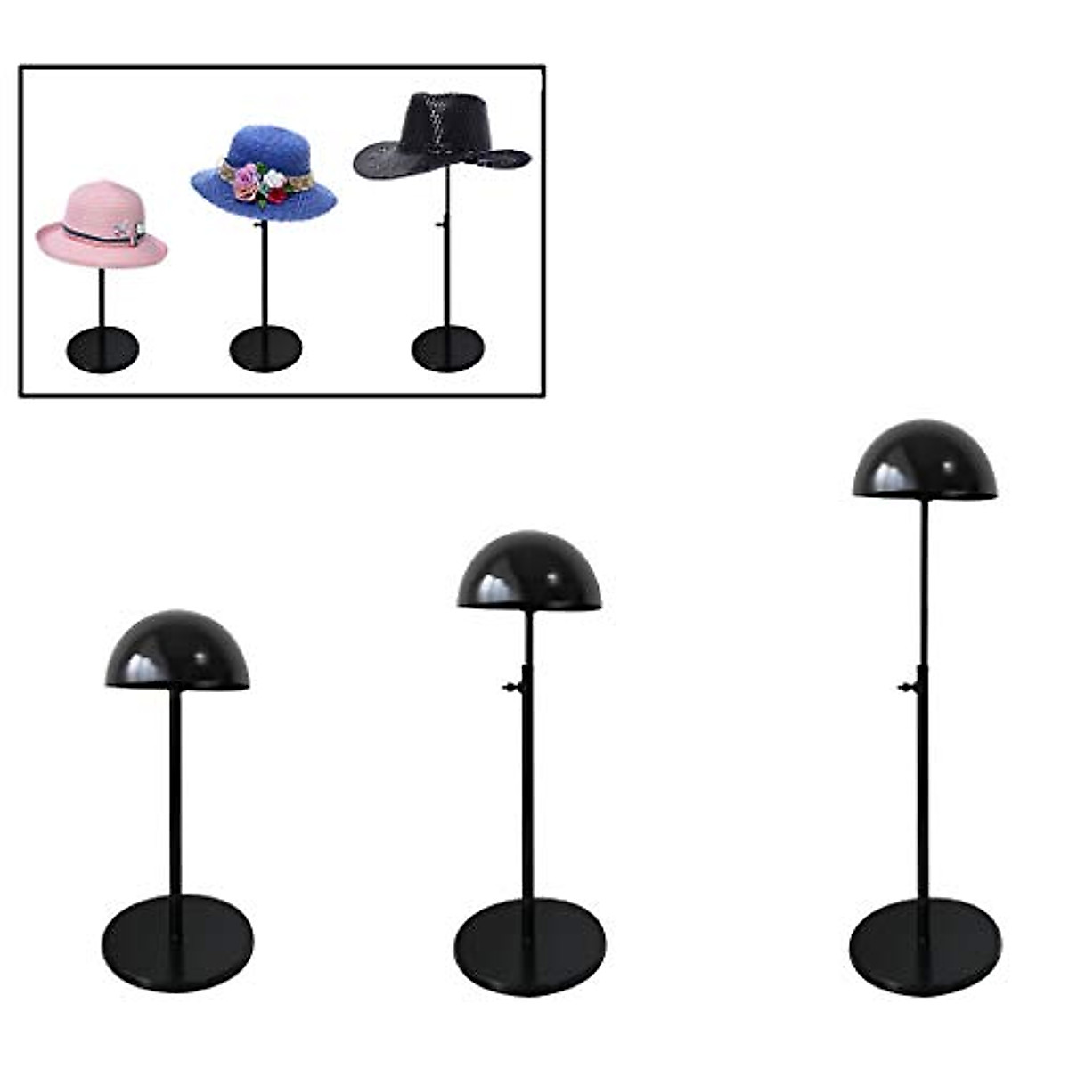 Queens 3 Pack Black Adjustable Height Hat Stand Organizer Metal Dome Shape Design Tabletop Wig Display Rack