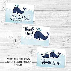 24 Blue Whale Baby Shower Thank You Cards With Envelopes, Kids Thank-You Note, 4x6 Gratitude Card Gift For Guest Pack For Party, Birthday, Boy or Girl Children, Cute Beach Nautical Event Stationery