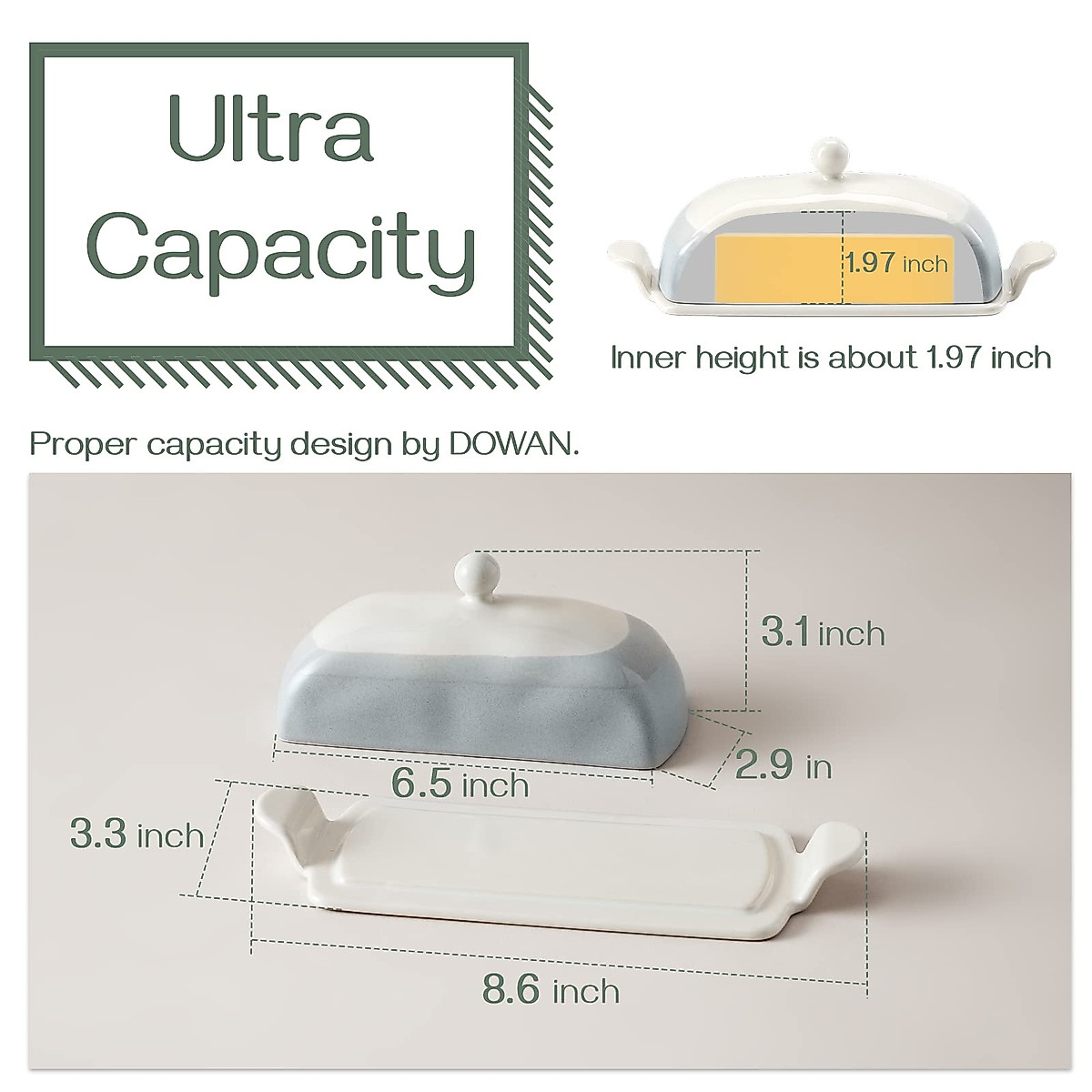 DOWAN Butter Dish, Ceramic Butter Keeper for Countertop, 8.6 inch Butter Holder with Handle Cover, for Home Kitchen Decor, Butter Container Perfect for East West Coast Butter, Light Blue & White
