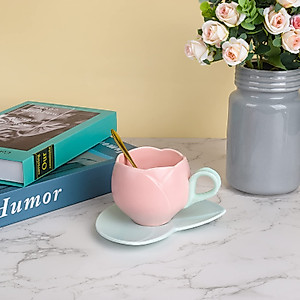 Koythin Ceramic Coffee Mug with Saucer Set, Creative Tulip Cup Unique Irregular Design for Office and Home, Dishwasher and Microwave Safe, Cute Cup for Latte Tea Milk (9.5oz, Pink)