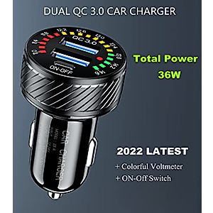 Car Charger, BRCOVAN Dual QC3.0 Port USB Car Charger Adapter, 36W 3A Fast Charge Car Phone Charger with Colorful Voltmeter & ON/Off Switch