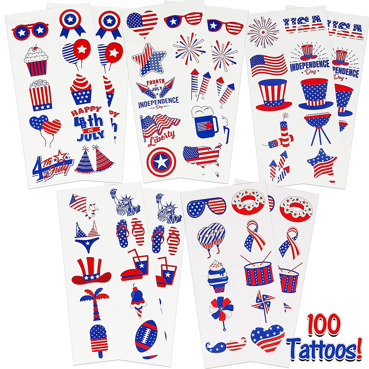 4th of July Temporary Tattoos | 100 USA Temporary Tattoos | American Flag, USA, Temporary Tattoos | 4th of July Party Props | USA Game Day Party Decoration | American theme Party Favors | by Anapoliz