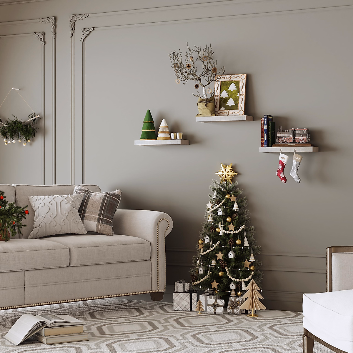 GREENDEW Floating Wall Decor Shelves with Upgraded Invisible Brackets Set of 2, Hanging Shelves for Bedroom, Bathroom, Living Room, Kitchen, 15.7 x 7.7 Inch (Light Brown)