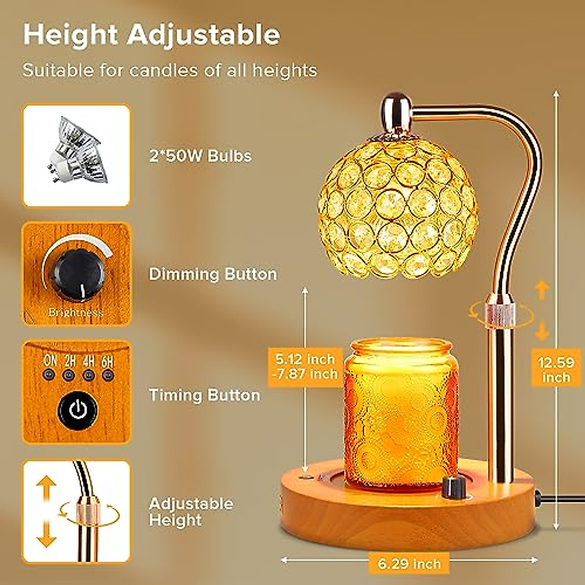 Candle Warmer Lamp with Timer 2H/4H/6H, Height & Heat Adjustable Lamp Candle Warmer, Electric Candle Warmer with Oak Base and 2 * 50W Bulbs, Wax Warmer for Scented Wax(Champagne)