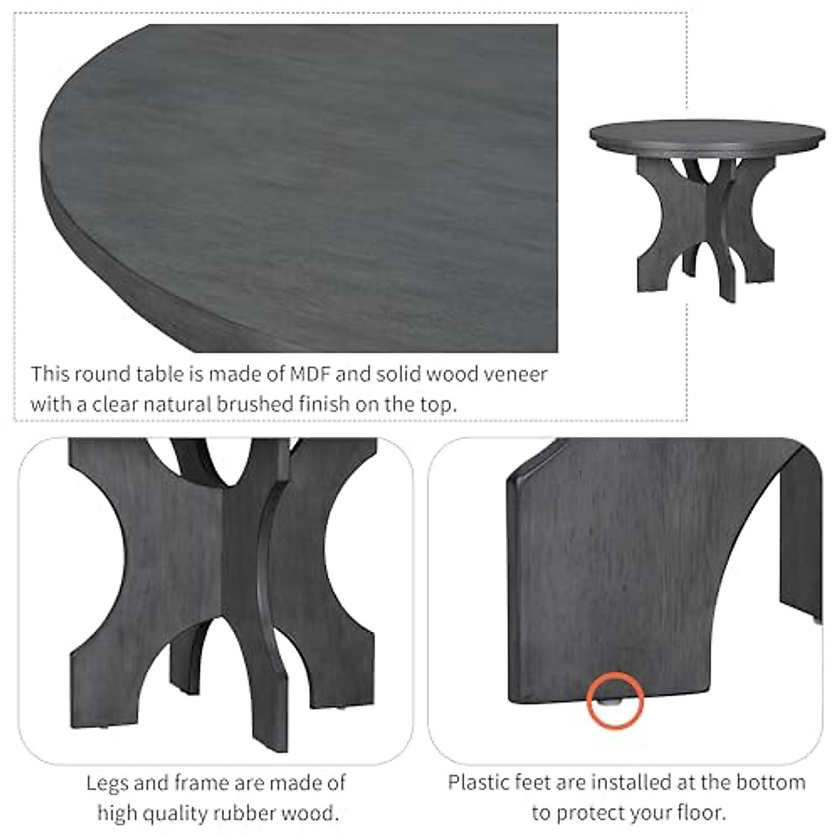 UBGO 5-Piece, Kitchen Room Sets with 44" Round Table and 3 Upholstered Dining Chairs & a Curved Bench,for 4-5 People (Grey)