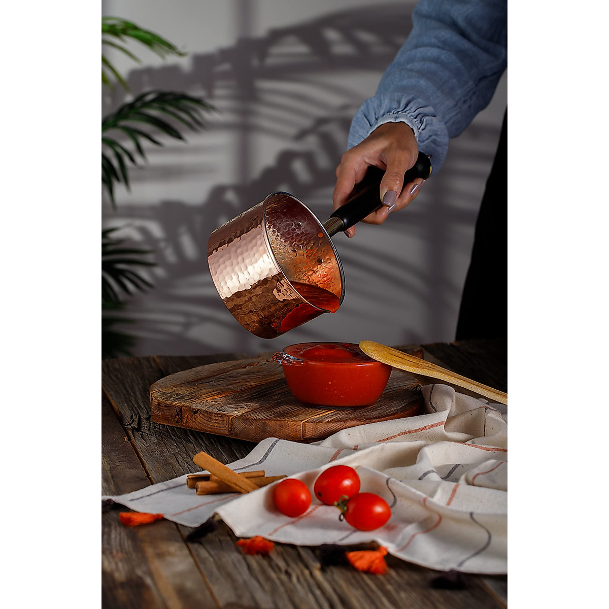 DEMMEX Copper Saucepan, 1mm Thick Solid Uncoated Copper, Wooden Handle, Tin Lined, 100% Handmade in Turkey (0.8 Quarts-5"x2.7")