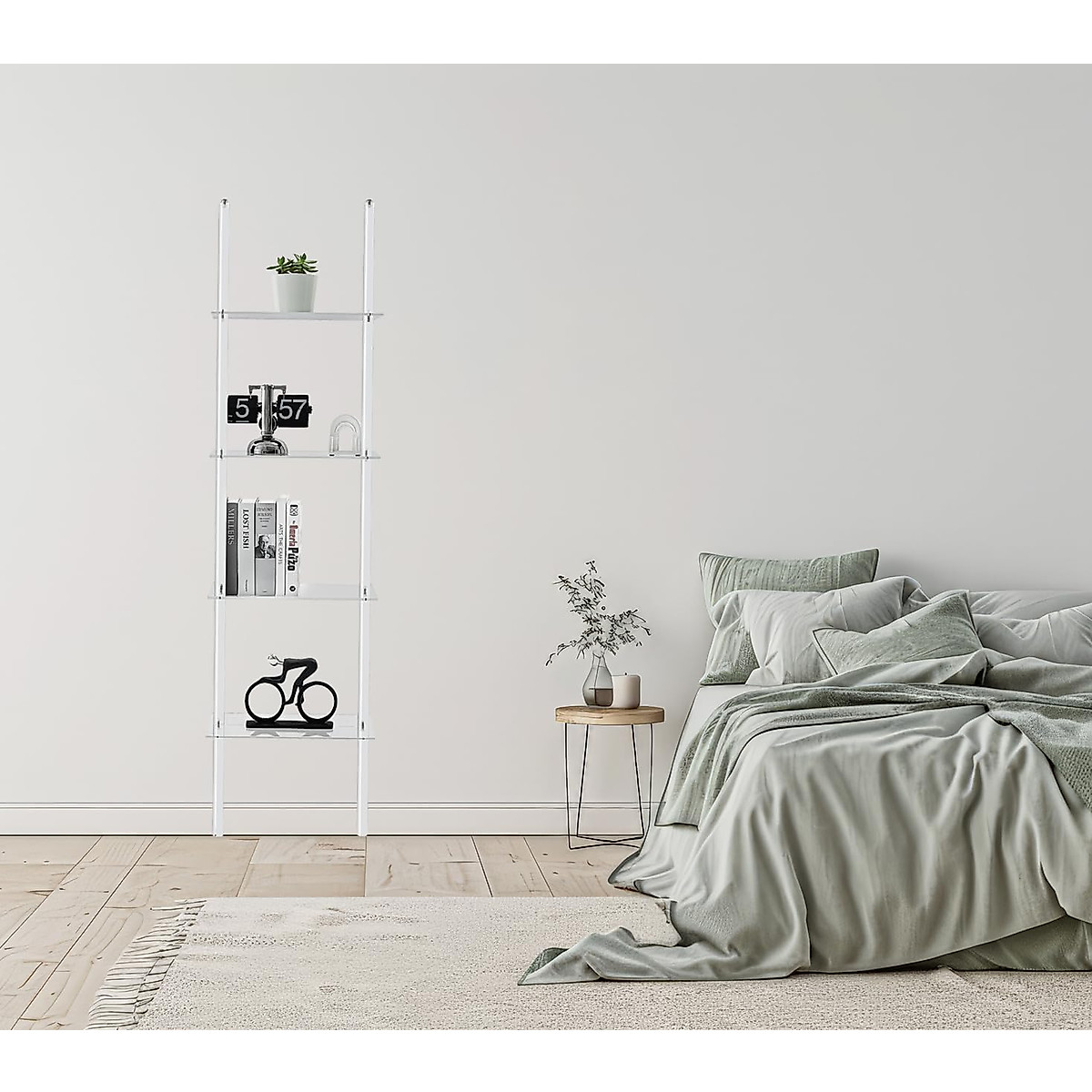 takor Compact Acrylic Ladder Bookshelf, Space-Saving 4-Tier Modern Design for Small Areas, Elegant Acrylic Bookcase for Living Room, Bathroom, Office (9.4" D x 15.7" W x 60.6" H)