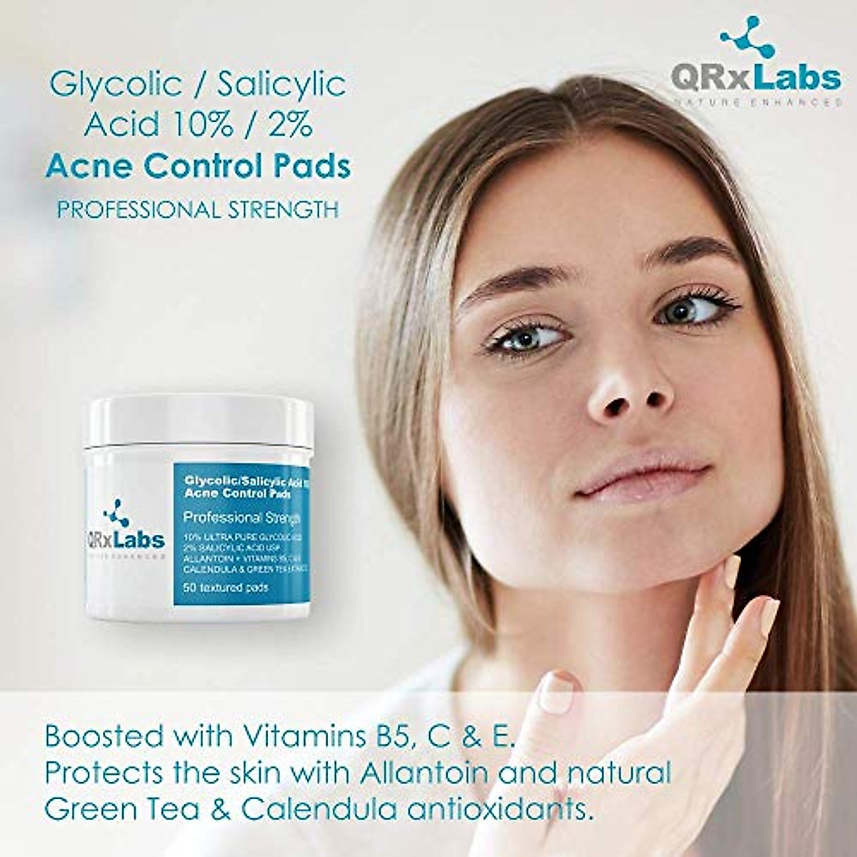 Glycolic/Salicylic Acid 10/2 Acne Control Pads with 10% Ultra Pure Glycolic Acid + 2% Salicylic Acid, Allantoin, Vitamins B5, C & E, Calendula & Green Tea - Most Effective Acne Treatment - Clear Skin