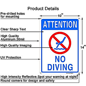 Attention No Diving Pool Sign,14 x 10 inches,Reflective Aluminum,Easy to Mount,UV Protected,Weather Resistant,Waterproof,Durable Ink,Outdoor or Indoor Use,2 Pack