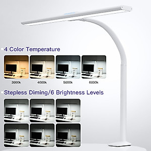 24W Gooseneck Clamp Light for Home Office, 4 Color Modes Dimmable Table Lamp and Stepless Dimming, Modern Architect Desk Lamp for Studio Reading Home Study (Color : White)