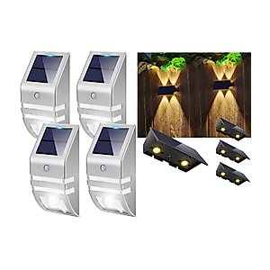 Roopure Solar Fence Light 8 Pack Bundle, Solar Motion Lights Cool White Lighting & Solar Wall Light Outdoor Up and Down Warm Lighting Security and Decorative for Yard Fence Deck Step Wall Porch Garden
