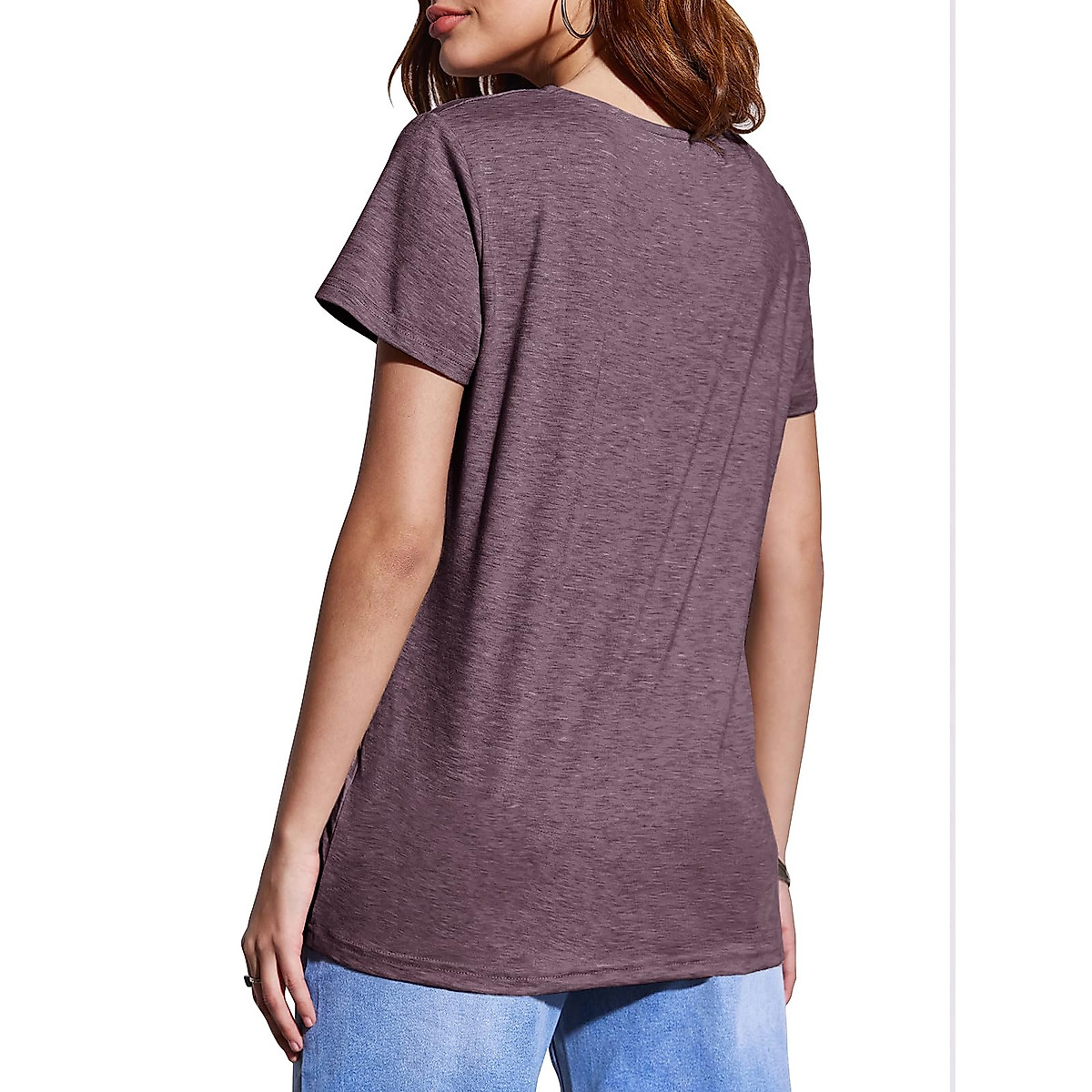 Esobo Women T Shirts 2024 Summer Tops Loose Short Sleeve Tee Casual V Neck Tunics Sexy Crisscross Cute T Purple L