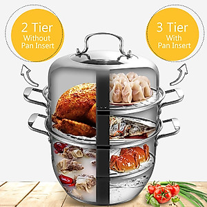 WUWEOT 11" Steamer Pot, 3 Tier Stainless Steel Steaming Pot Dim Sum Cookware, Food Vegetable Cooking Pan With Stackable Pan Insert/Lid for Vegetable, Dumpling, Stock, Sauce, Food