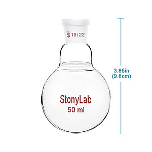 StonyLab Glass 50mL Heavy Wall Single Neck 1 Neck Round Bottom Flask RBF, with 19/22 Standard Taper Outer Joint - 50mL