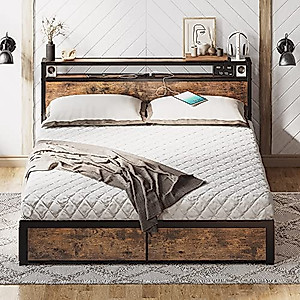 LIKIMIO Queen Bed Frame with Storage Drawer, 2-Tier Storage Headboard with Charging Station, No Box Spring Needed, Easy Assembly, Vintage Brown