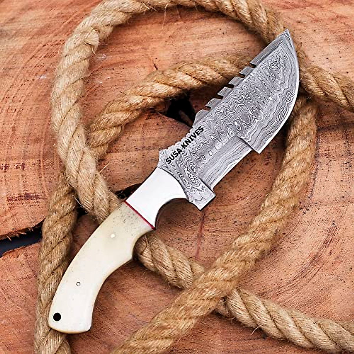 SUSA KNIVES Handmade Damascus Tracker Knife with Bone Handle - Survival Knife - Camping Knife - Damascus Steel Knife - Damascus Hunting Knife with Sheath Horizontal Carry Fixed Blade Knife (WHITE)