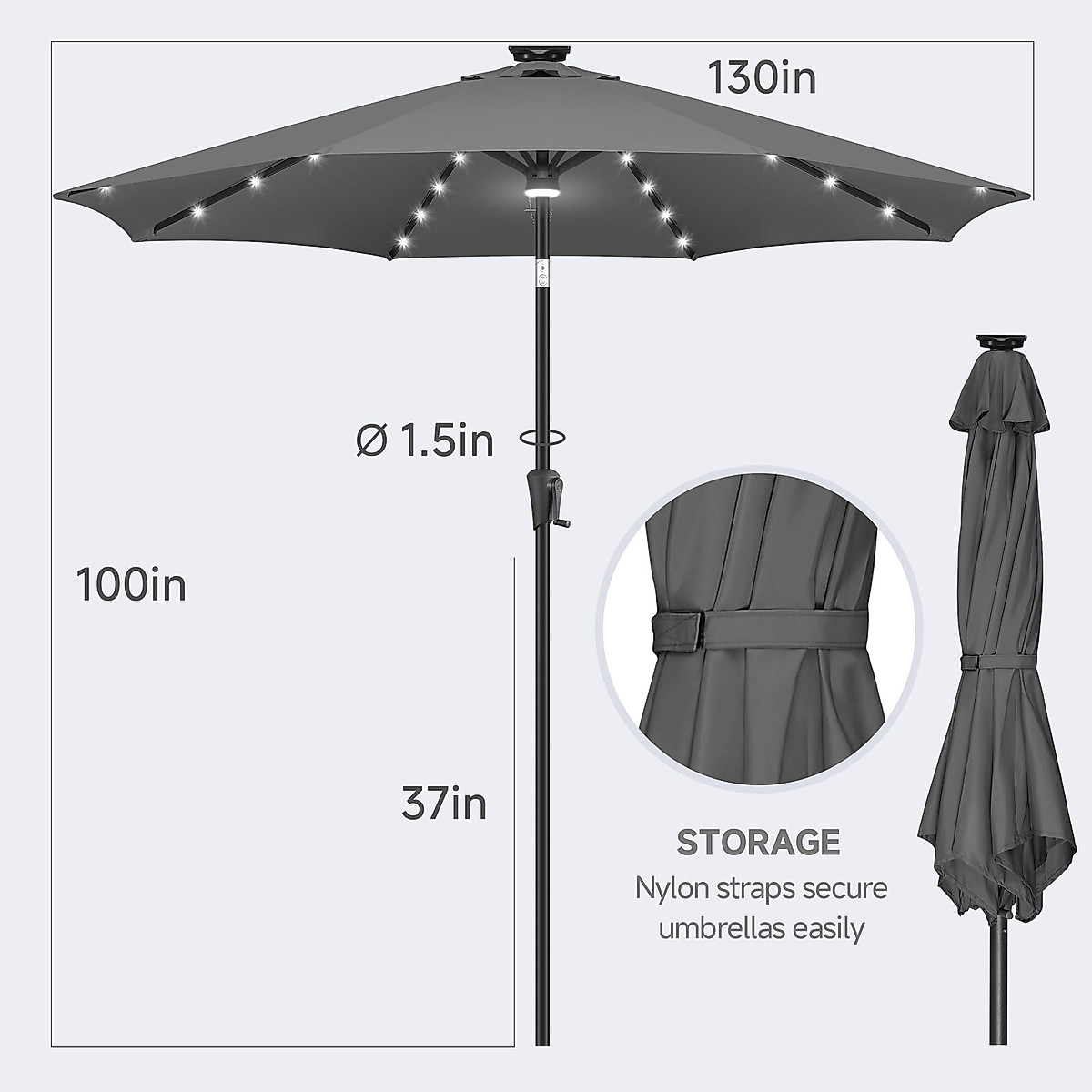 FLAME&SHADE 11 ft Solar Powered Outdoor Market Patio Table Umbrella with LED Lights and Tilt, Anthracite