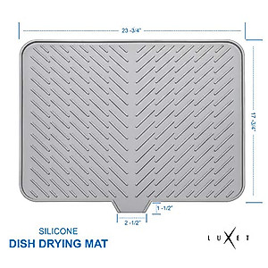 Luxet Silicone Dish Drying Mat with Built-in Drain Lip - Hygienic Drying Pad - Sturdy Compact Easy to Clean Tray Protects Surfaces Prevents Water Build Up - 23 X 17 (Grey)
