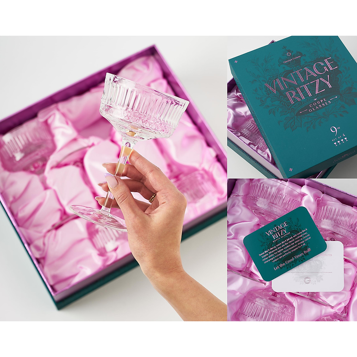 GLASSIQUE CADEAU Vintage Ritzy Cocktail and Champagne Coupe Glasses | Set of 4 | 7 oz Crystal Long Stemmed Glassware for Drinking Martini, Cosmopolitan, Manhattan | Retro Saucers