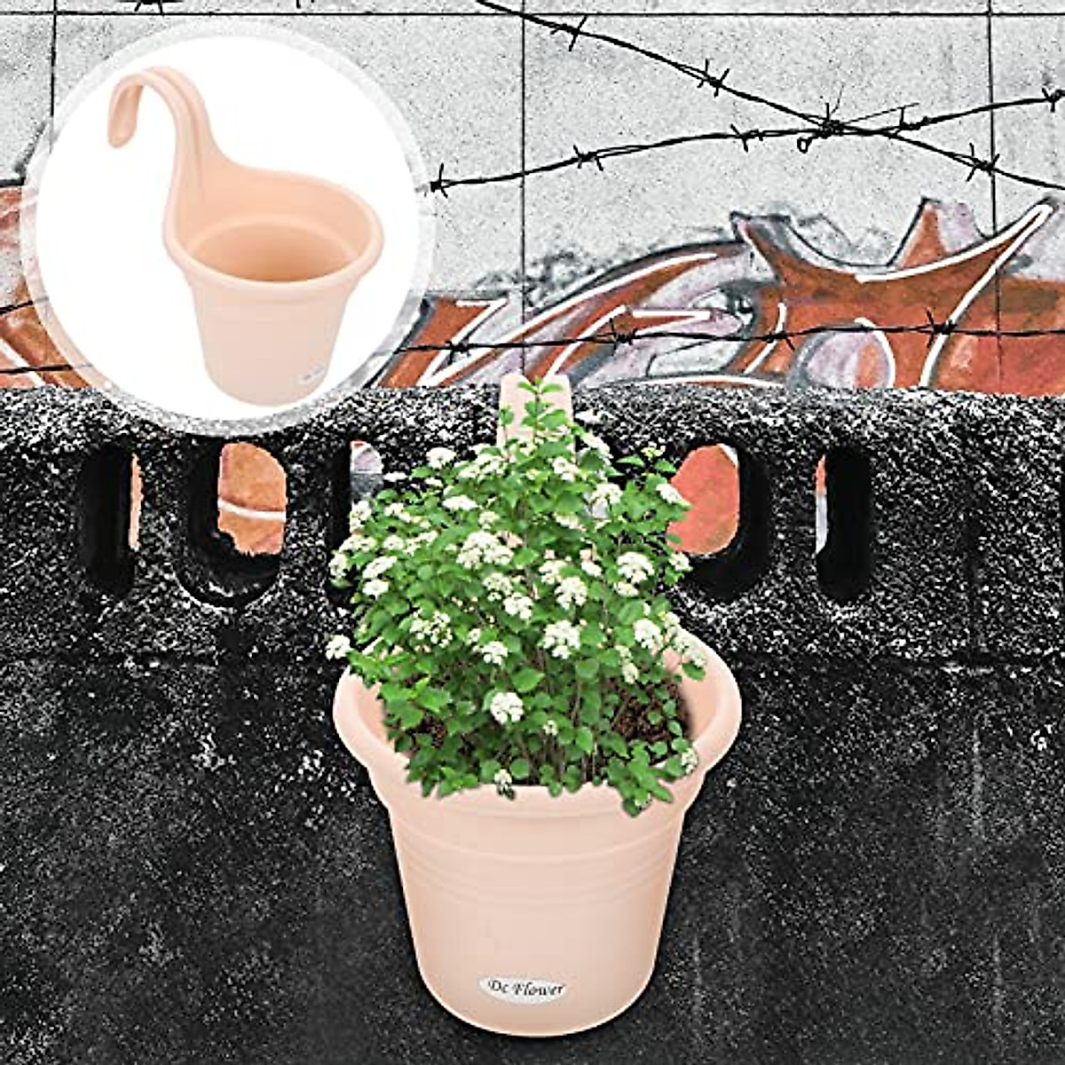 Happyyami Single Hook Hanging Basin pots for Outdoor pots for Indoor Plants Hanging Plant Holders Railing Planter Hanging Baskets for Plants Outdoor Fence Hanging Rail pp Resin Flowers