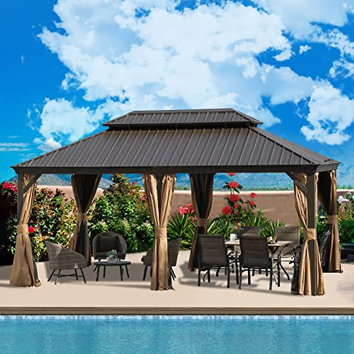 Domi 12x18FT Hardtop Gazebo with Netting & Curtains, Outdoor Aluminum Frame Gazebo with Galvanized Steel Double Roof, Outdoor Permanent Metal Pavilion for Patio Deck Lawn and Garden, Brown