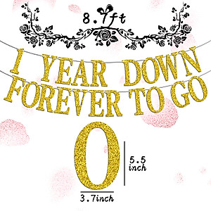 1 Year Down Forever to Go Banner, 1 Year of Marriage Gift, Happy 1st Wedding Anniversary Party Decoration Supplies, Gold Glitter