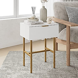 Masupu Nightstand,Mid-Century Modern Bedside Table with Drawer,Small End Table with Gold Frame for Bedroom,Living Room,Classic White