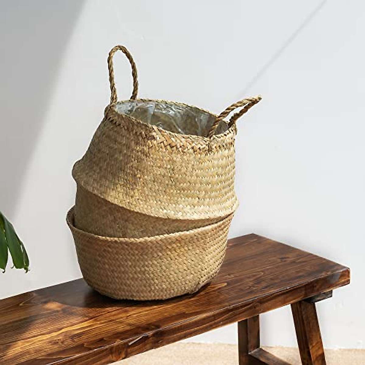 GAIAMADE Set of 2 Woven Seagrass Basket with Handles and Liner for Plant Pot, Belly Basket, Storage Basket, Wicker Baskets, Basket for Plant Baskets Indoor, Natural Seagrass Basket, Size ML
