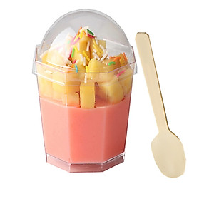 DongAi 25Pcs 6-Ounce Transparent Plastic Dessert Cups,Octagon Clear Plastic Dessert Tumbler Cups Serving Bowls with, 25 Tablespoons and Lids，Pudding Ice Cream Yogurt Candy for at The Parties Weddings