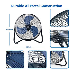 TEMPWARE 20 Inch High Velocity Industrial Floor Fan, 3-Speed Heavy Duty Metal Cradle Floor Fans with 360° Tilt for Warehouse, Workshop, Garage, Factory and Basement, Black & Blue