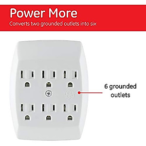 GE home electrical 6-Outlet Extender Wall Tap, Grounded Adapter, Charging Station, 3-Prong, Secure Install, UL Listed, White, 54947, 1 Pack