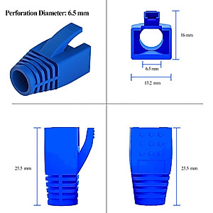 JODROAD 100Pack RJ45 Boot Cover, Cat5 Cat6 Cat6A Ethernet Network Cable Strain Relief Boot, Fits Overall Jacket Diameter 5.5-6.5MM Ethernet Cable (Hole Diameter: 6.5mm, Blue)