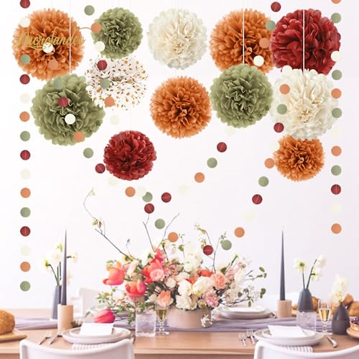 NICROLANDEE Fall Wedding Decorations - 15 PCS Pumpkin Orange Sage Green Ivory Tissue Pom Poms Decor, Dots Paper Garland for Thanksgiving, Baby Shower, Autumn Harvest Party Supplies